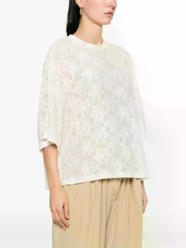 Imperial Off-white Lace Patterned Round Neck Top - Neutrals