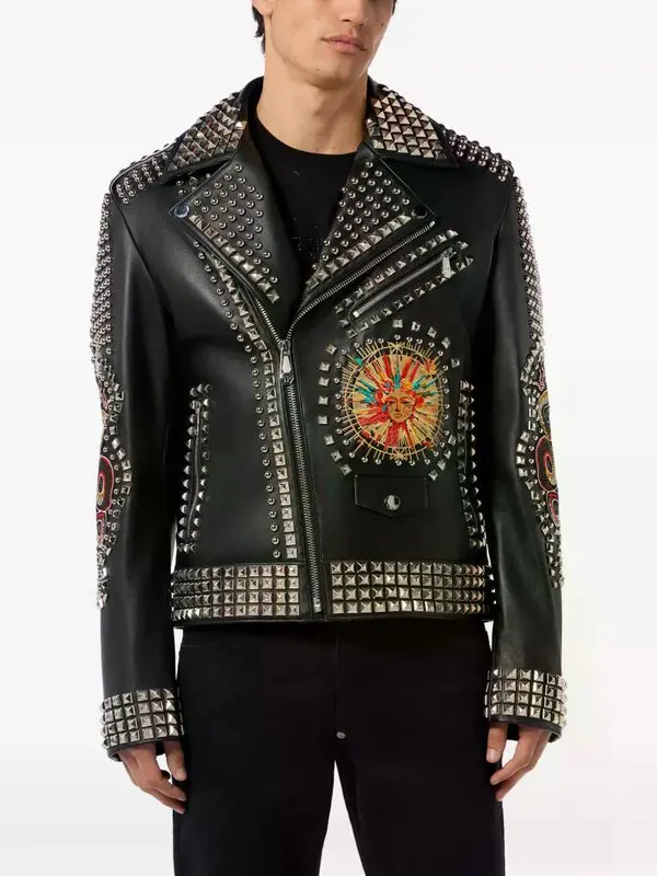 Philipp Plein Studded Embroidered Leather Jacket