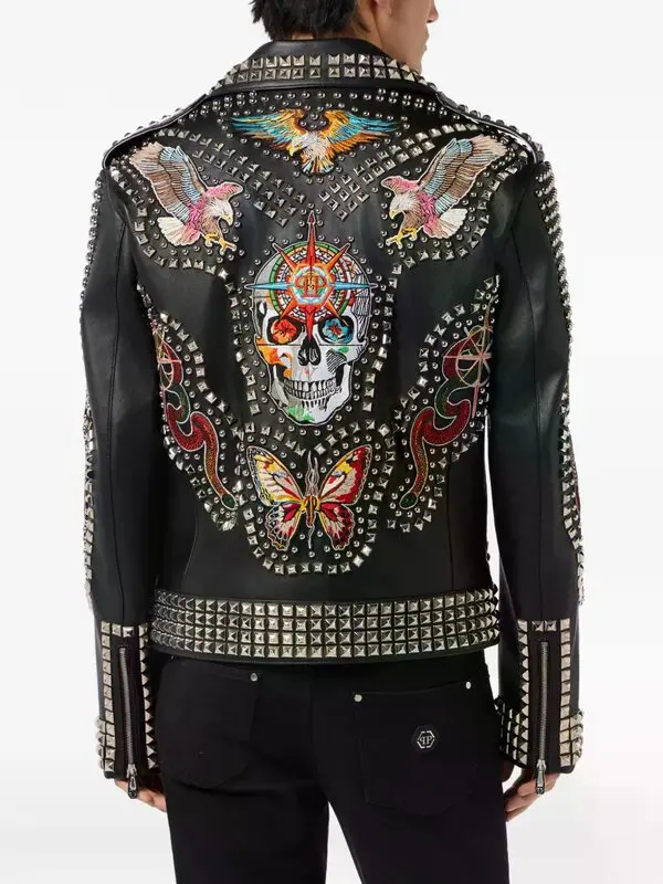 Philipp Plein Studded Embroidered Leather Jacket
