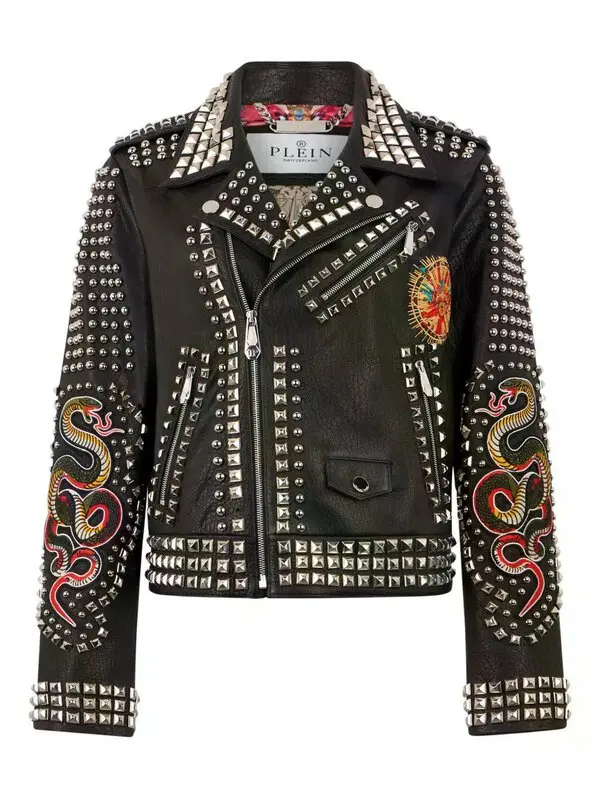 Philipp Plein Studded Embroidered Leather Jacket - Black