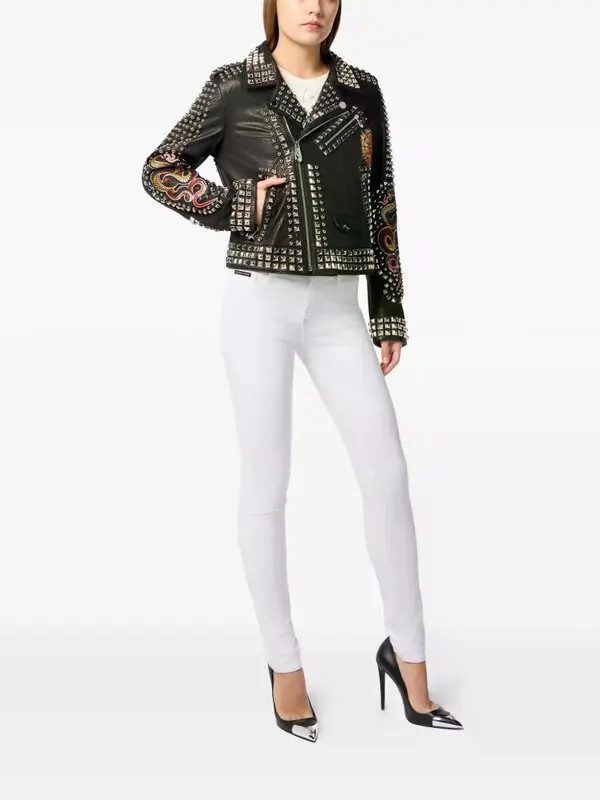 Philipp Plein Studded Embroidered Leather Jacket