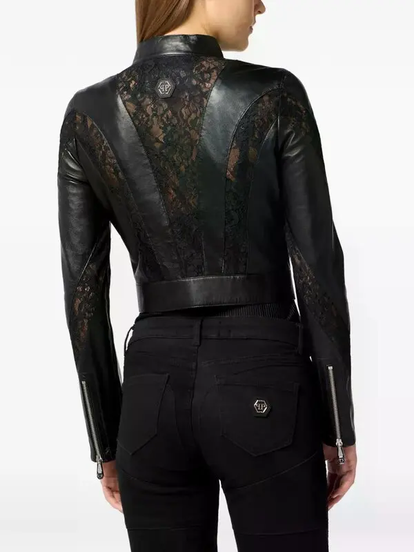 Philipp Plein Fitted Biker Jacket With Lace Inserts