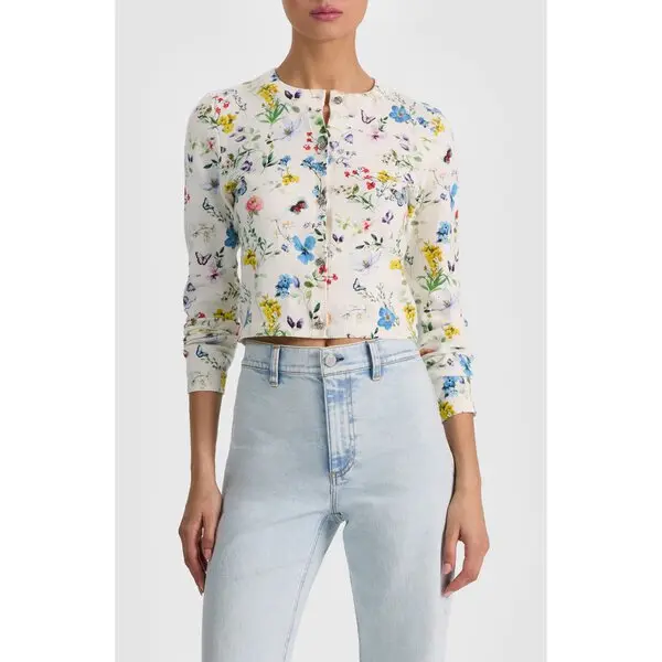Alice + Olivia Carson Floral Cotton Blend Cardigan - Twisting Vines Off White