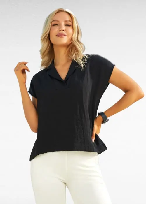Betabrand Camp Shirt In Linenette Fabric - Black