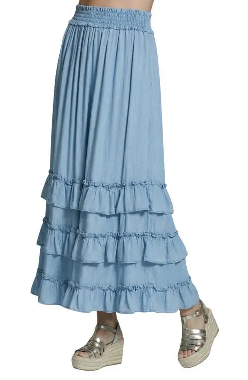 APNY Ruffle Cascade Chambray Maxi Skirt - Light Indigo