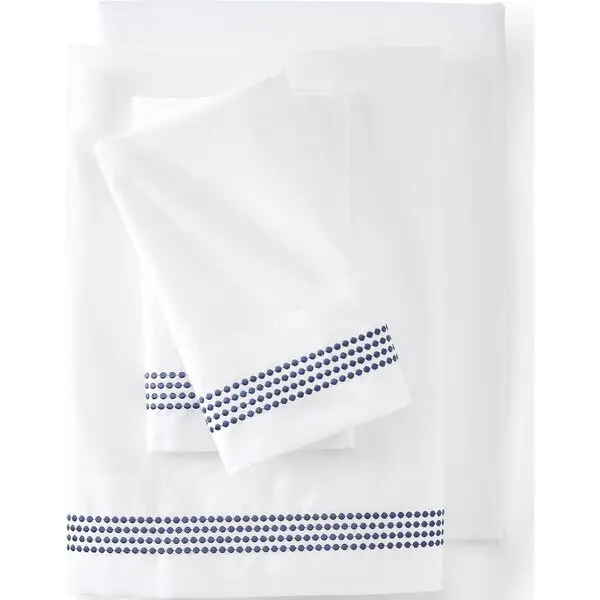 LANDS' END Supima Cotton No Iron Sateen Cane Weave Sheets400 Thread Count - Dusk Indigo Sky Dots