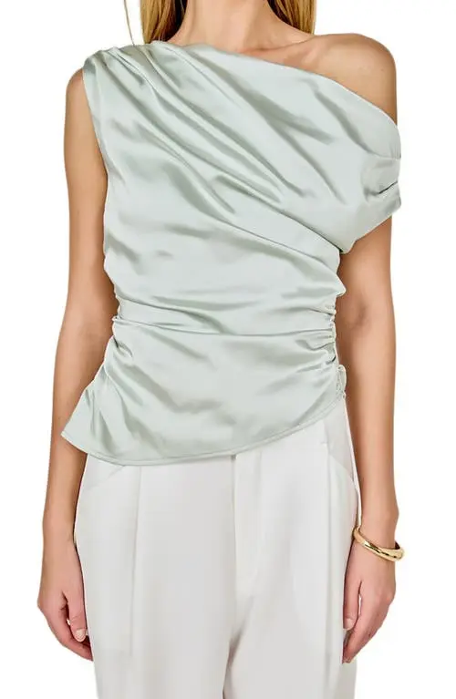 Endless Rose One-shoulder Ruched Satin Top - Sage