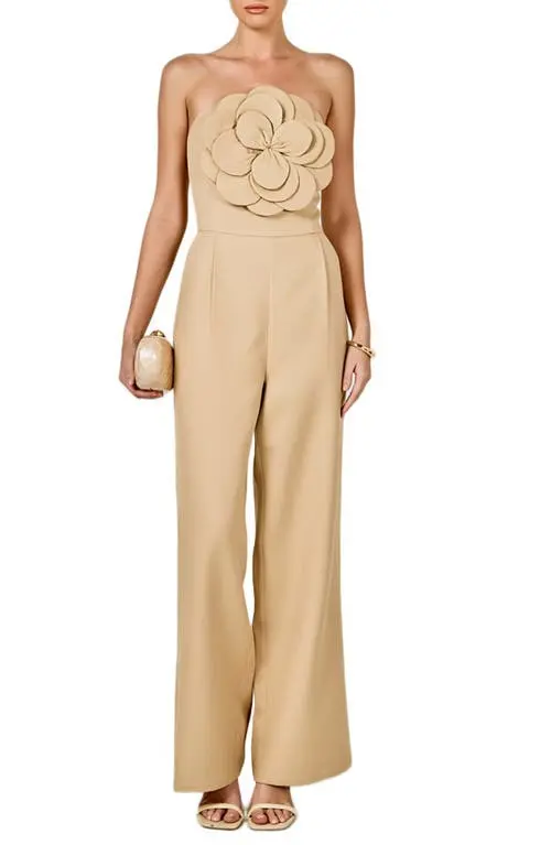 Endless Rose Floral Appliqué Strapless Jumpsuit - Tan