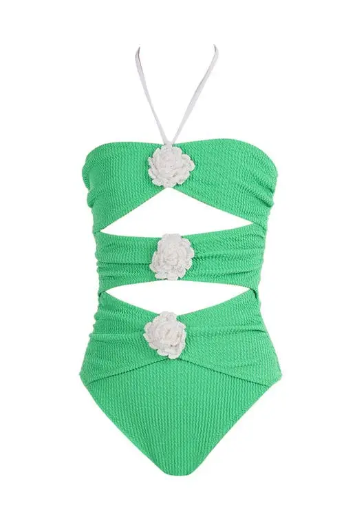 NESSI BYRD Handmade Crochet Flower Cut-out One-piece Swimsuit - Green