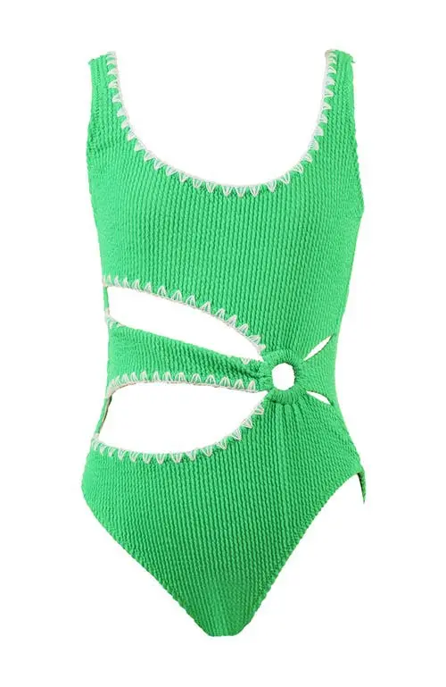 NESSI BYRD Textured Cutout One-piece Swimsuit With Embroidery And Ring Detail - Green