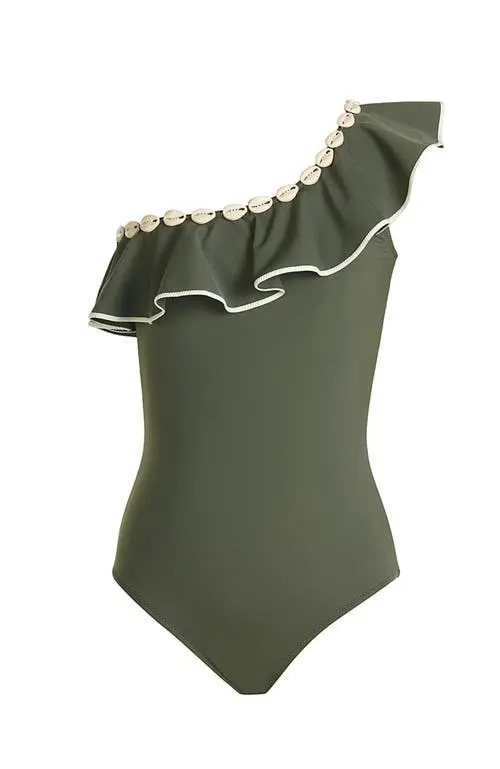 NESSI BYRD One-shoulder One-piece Swimsuit With Shell Detail - Green