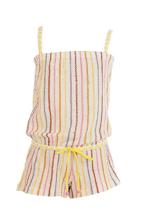 NESSI BYRD Vertical Stripe Beach Romper With Braided Cord - Beige
