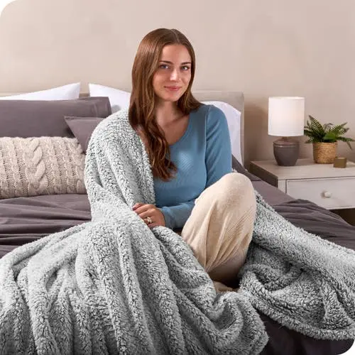 BARE HOME Tipped Faux Shearling Throw Blanket - Grey