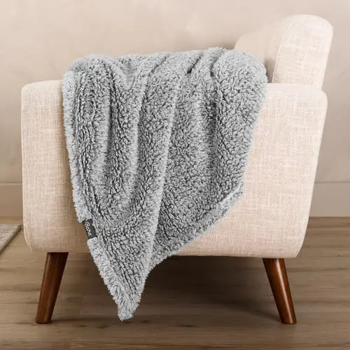 BARE HOME Tipped Faux Shearling Throw Blanket - Grey