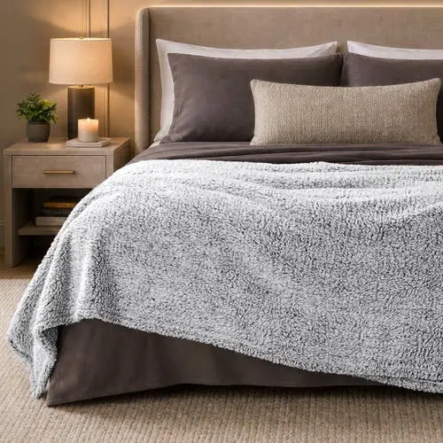 BARE HOME Tipped Faux Shearling Throw Blanket - Grey