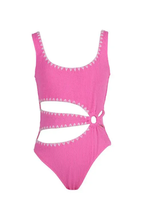 NESSI BYRD Textured Cutout Embroidery Edging One-piece Swimsuit With Ring Detail - Pink