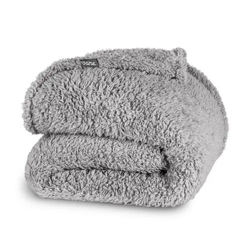 BARE HOME Solid Faux Shearling Blanket - Light Grey
