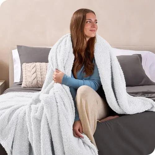 BARE HOME Solid Faux Shearling Blanket - White
