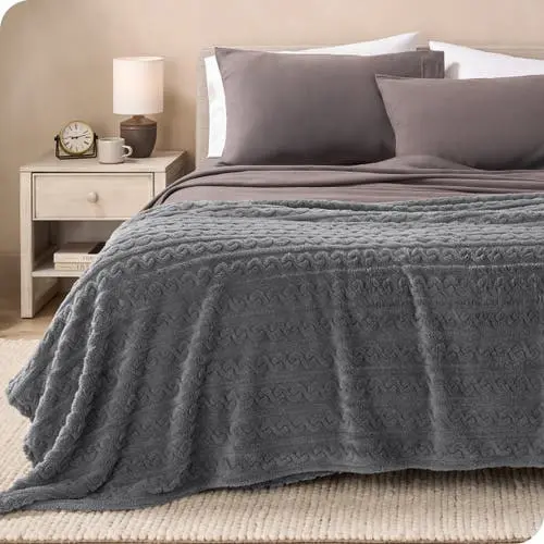 BARE HOME Cable Faux Shearling Throw Blanket - Grey