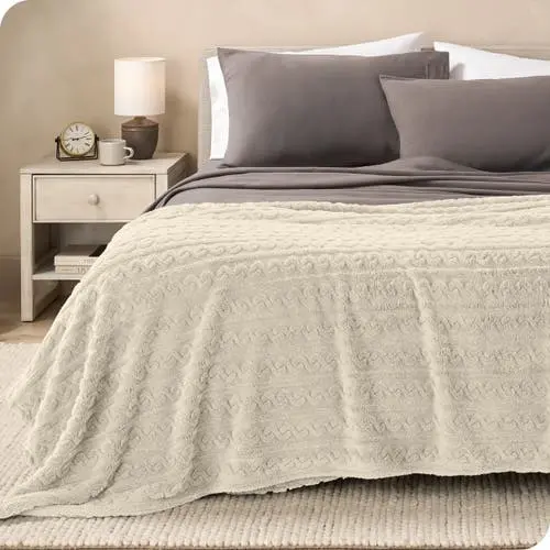 BARE HOME Cable Faux Shearling Throw Blanket - Oyster