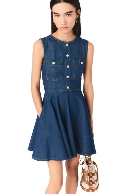 Maje Short Flared Denim Dress - Navy