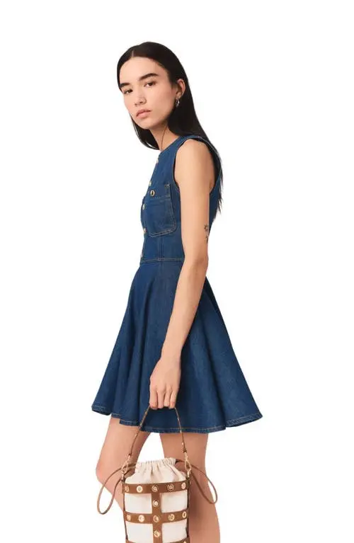 Maje Short Flared Denim Dress - Navy