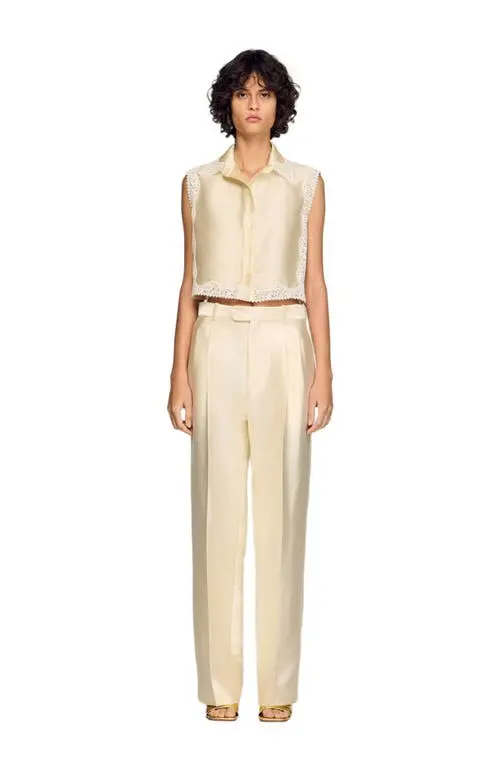 Sandro Satin-effect Straight-leg Trousers - Cream