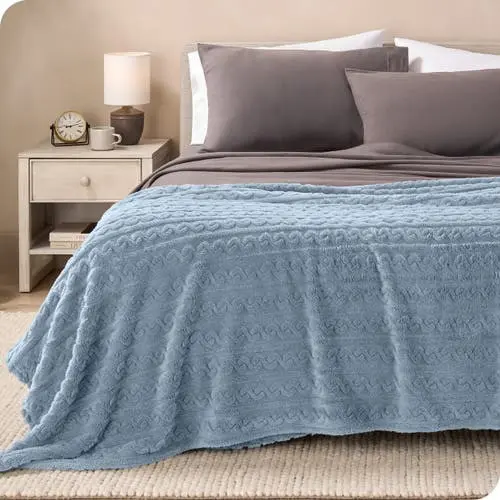 BARE HOME Cable Faux Shearling Blanket - Dusty Blue