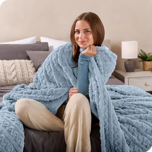 BARE HOME Cable Faux Shearling Blanket - Dusty Blue
