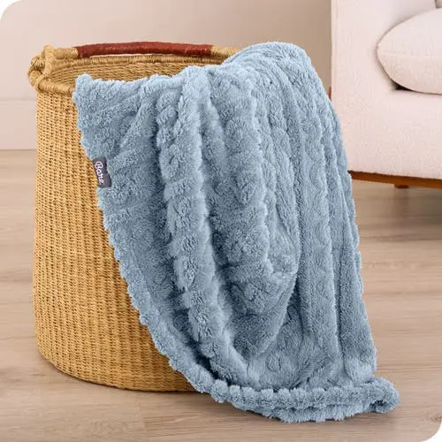 BARE HOME Cable Faux Shearling Blanket - Dusty Blue