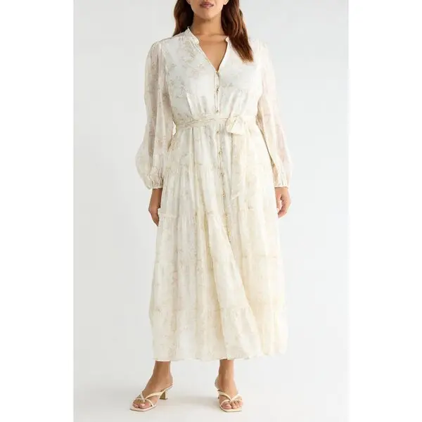 Vince Camuto Floral Long Sleeve Tiered Shirtdress - Camel