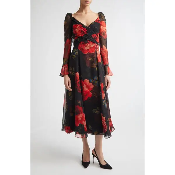 Carolina Herrera Rose Print Silk Chiffon Midi Dress