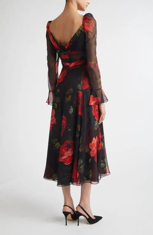 Carolina Herrera Rose Print Silk Chiffon Midi Dress