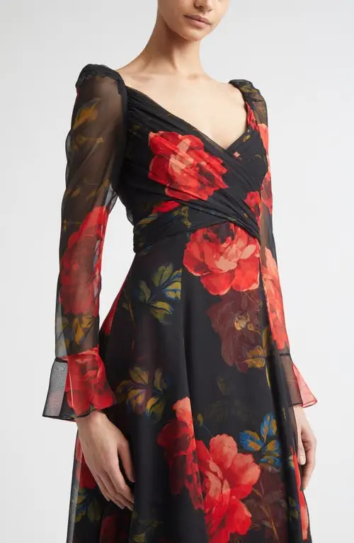 Carolina Herrera Rose Print Silk Chiffon Midi Dress