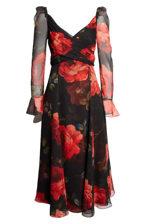 Carolina Herrera Rose Print Silk Chiffon Midi Dress