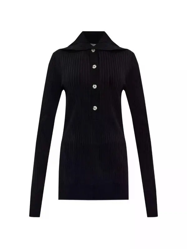 ENTIRE STUDIOS Ribbed Knit Button-up Polo Top - Black