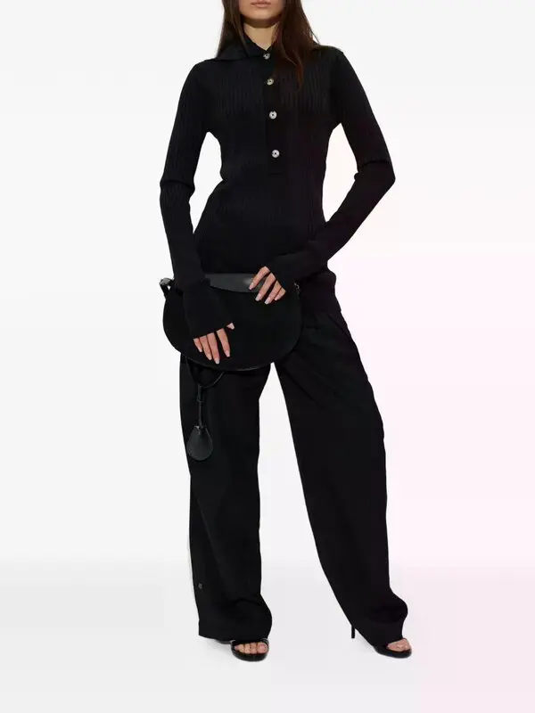 ENTIRE STUDIOS Ribbed Knit Button-up Polo Top - Black