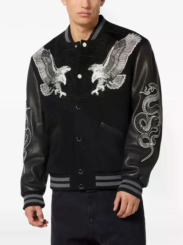 Philipp Plein Leather-sleeves Bomber Jacket With Embroidered Graphics