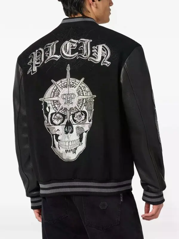 Philipp Plein Leather-sleeves Bomber Jacket With Embroidered Graphics