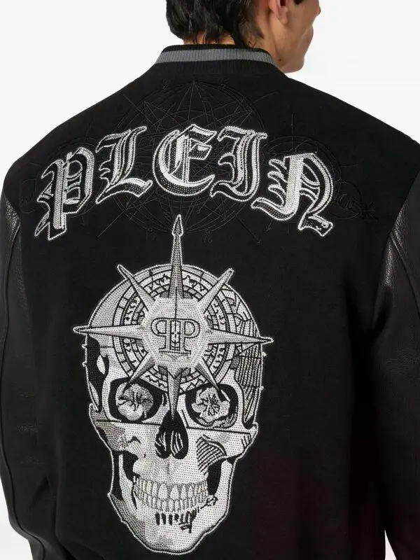 Philipp Plein Leather-sleeves Bomber Jacket With Embroidered Graphics