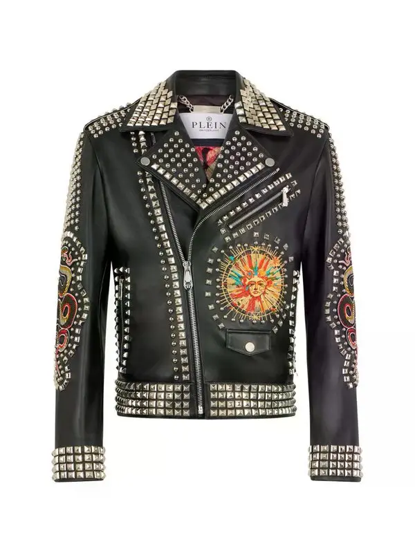 Philipp Plein Studded Embroidered Leather Jacket - Black