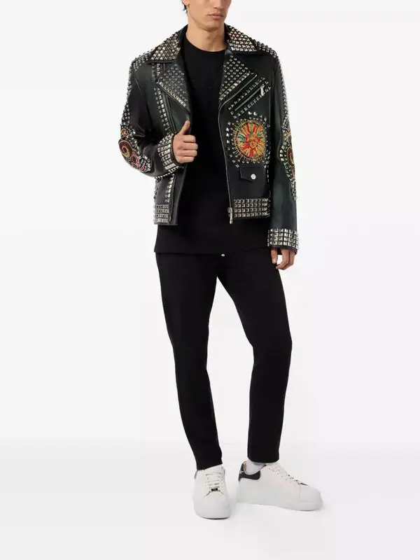 Philipp Plein Studded Embroidered Leather Jacket