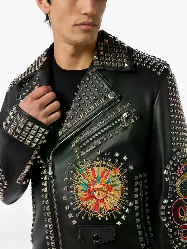 Philipp Plein Studded Embroidered Leather Jacket