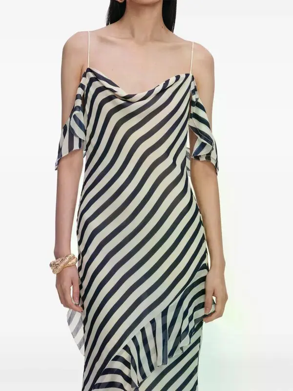 SELF-PORTRAIT Striped Ruffled Georgette Maxi Dress - Navy Blue