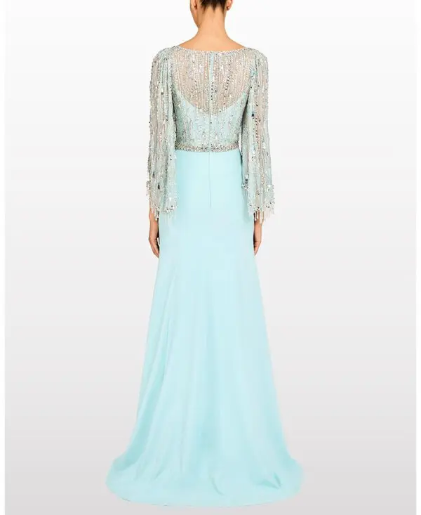 Jenny Packham Embellished Cape Effect Maxi Dress - Crystal Aqua