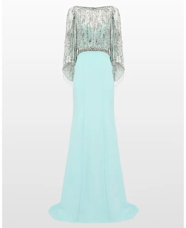 Jenny Packham Embellished Cape Effect Maxi Dress - Crystal Aqua