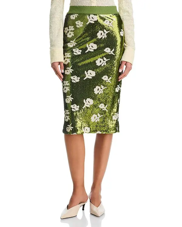Essentiel Antwerp Floral Print Midi Skirt - Olive Mart