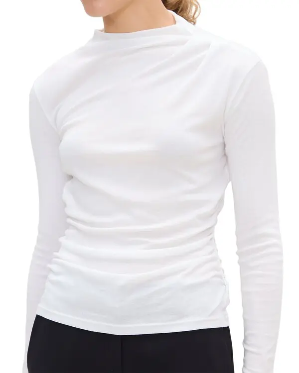 Theory High Neck Gathered Long Sleeve Tee - Ivory