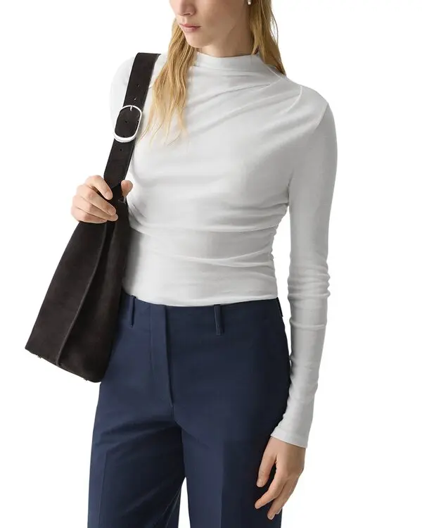 Theory High Neck Gathered Long Sleeve Tee - Ivory
