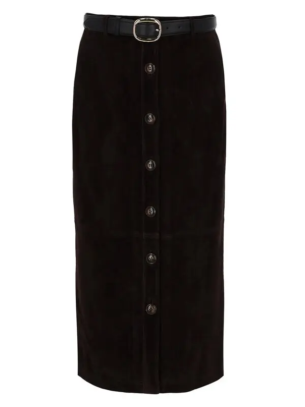 SELF-PORTRAIT Suede Midi Skirt - Brown